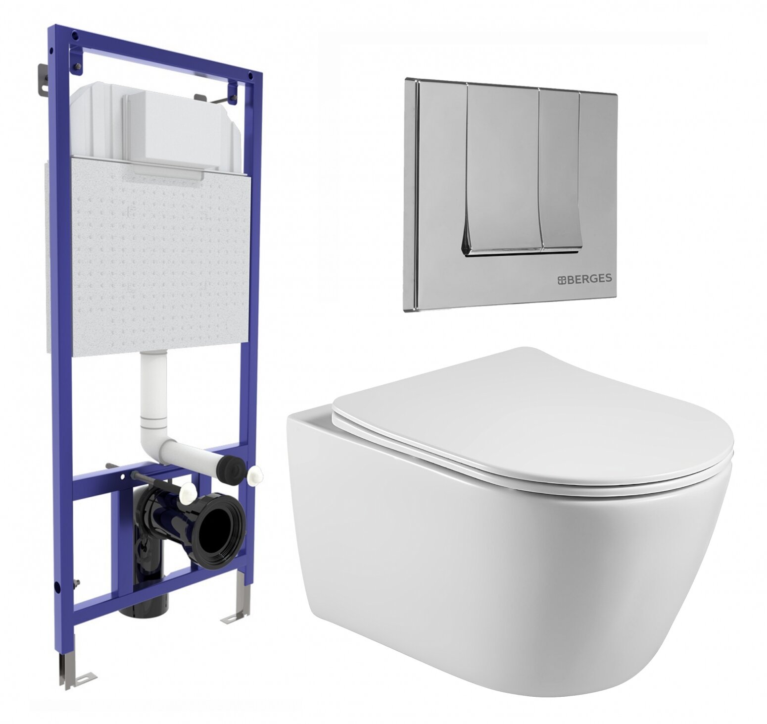Комплект 3 в 1 инсталляция Berges Wasserhaus Novum 040243 + Унитаз подвесной Акватек Вега AQ1905-00 + кнопка хром