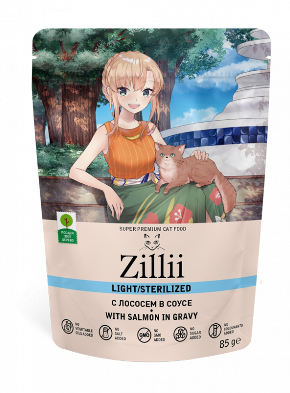 Консервированный корм Zillii Sterilized/Light для взрослых стерилизованных кошек с лососем в соусе, 85 гр