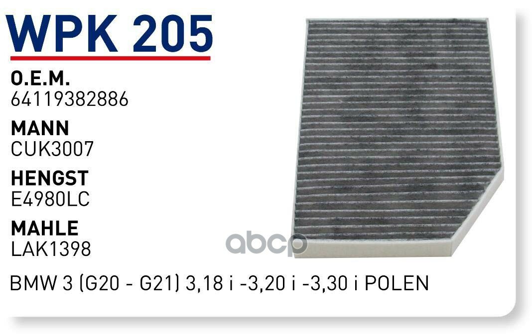 Фильтр салона LAK1398 BMW 3 G20 18-/X3 G01/X4 G02 2.0-3.0i/d 17- WPK205 WUNDER/64119382885 64119382886 87139WAA01 87139WAA02.