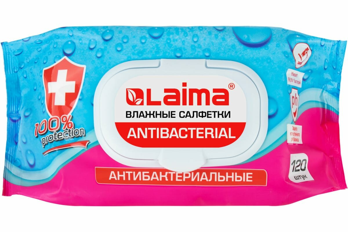 LAIMA Антибактериальные влажные салфетки 120 шт с крышкой-клапаном для дезинфекции
