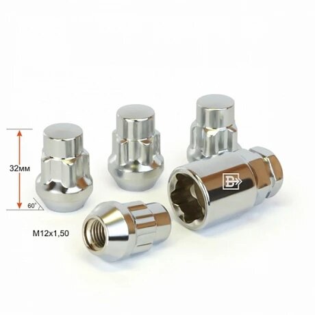 Гайка колесная секретная M12х32х1,5 ( конус с бурт, закрыт, 5лучей)