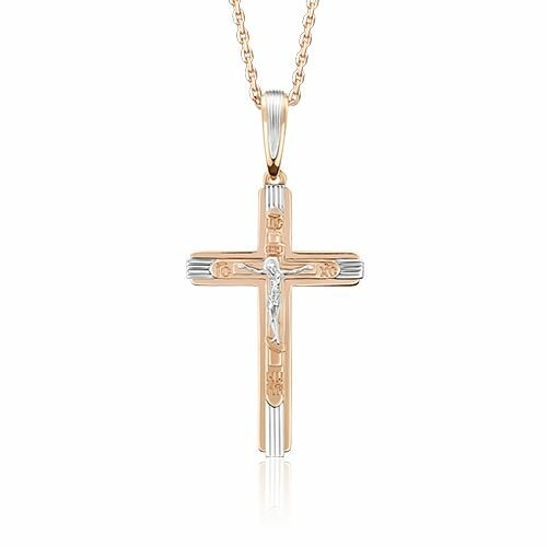 Крестик, комбинированное золото, 585 проба, родирование