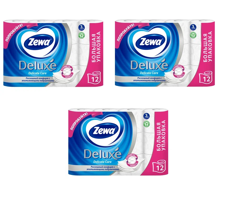 Туалетная бумага Zewa Deluxe, трехслойная, белая, без запаха, 12 шт - 3 упаковки