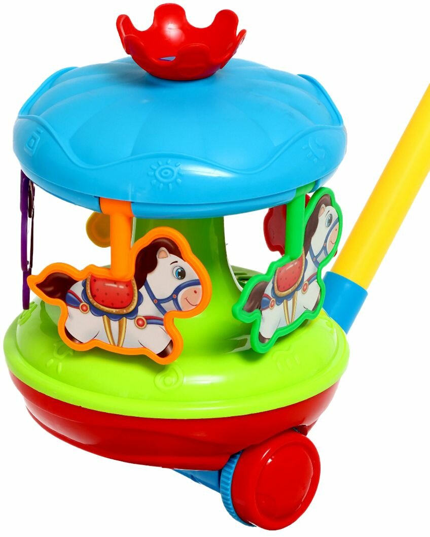 Детская каталка "Звонкая карусель" звенящаяся, пластиковая игрушка для малышей с ручкой на палочке, для дома и улицы, крутящаяся