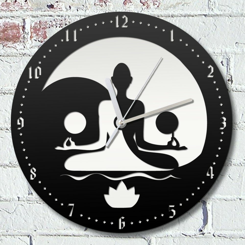 Настенные деревянные бесшумные часы йога инь и янь (эзотерика, медитация, поза лотоса) - 5060