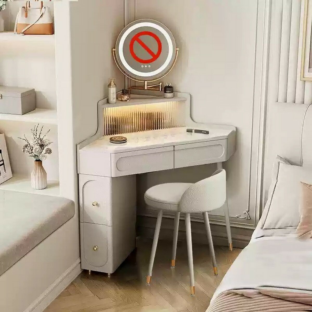 Туалетный столик Caitlin угловой высокого качества (Стол + тумба 60 см + стул)