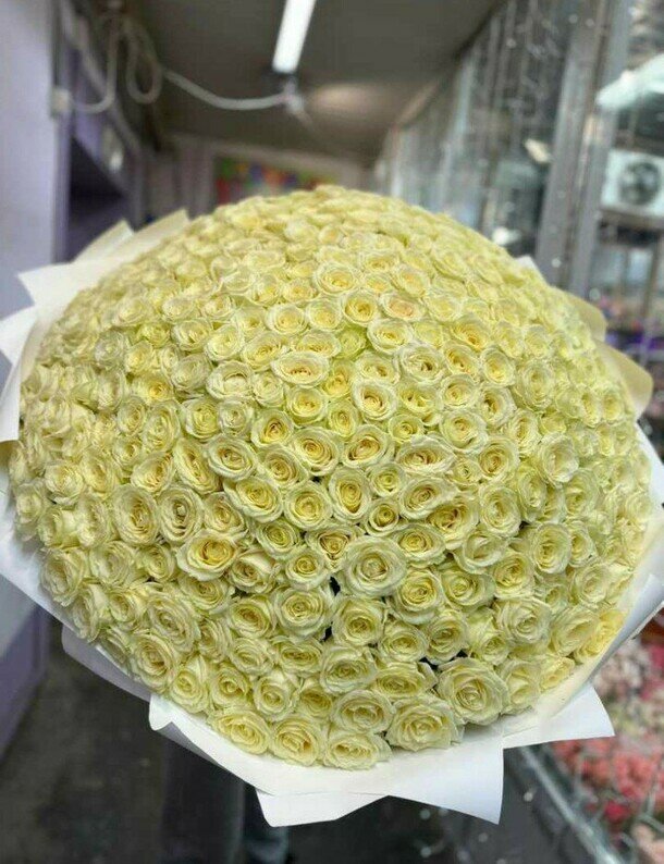 Букет Well Flowers, 333 белых розы, круглый, XL, с авторской упаковкой, букет свежих цветов