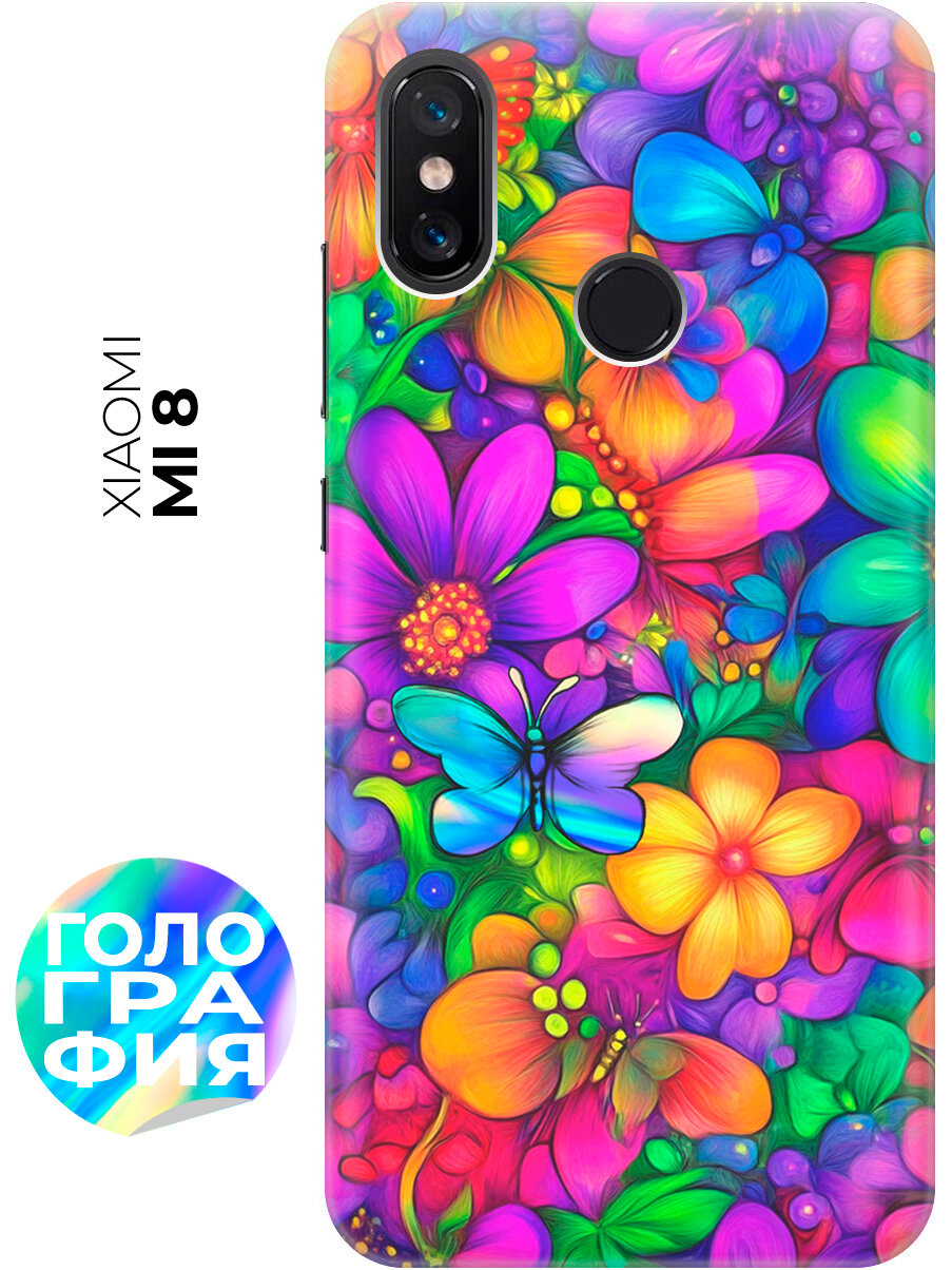 Силиконовый чехол на Xiaomi Mi 8 с принтом "Бабочки и цветы" прозрачный