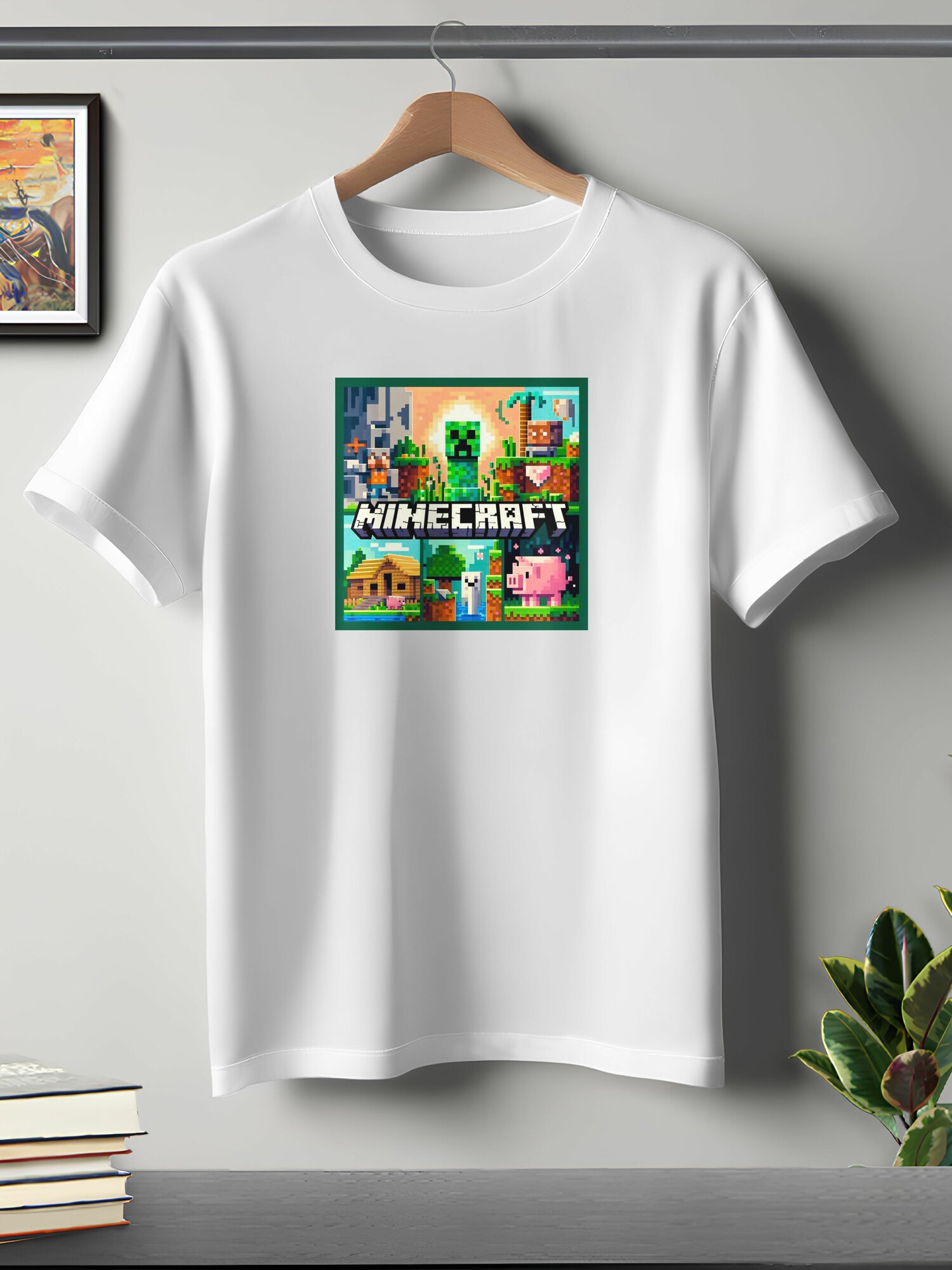 Футболка ONEQ унисекс 50-52 (XL) размер с принтом Minecraft, белая