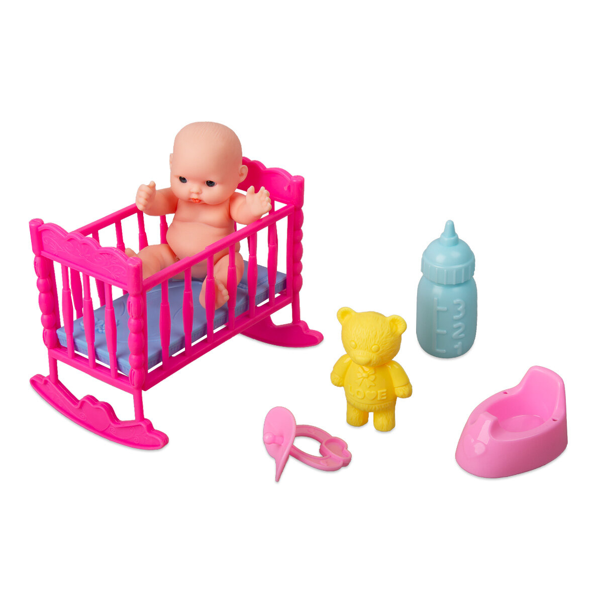 Кукла пупс TONG DE LD5588-21R, с кроваткой, аксессуарами, пластик