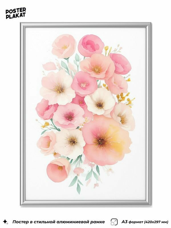 Постер с цветами на стену, Розовые цветы, в раме, А3 (420х297 мм), постер плакат