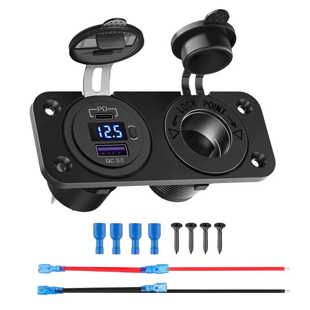 12 В USB-розетка Морская панель PD Type C QC3.0 USB-порты Автомобильное зарядное устройство со светодиодным вольтметром Выключатель питания Гнездо прикуривателя Blue