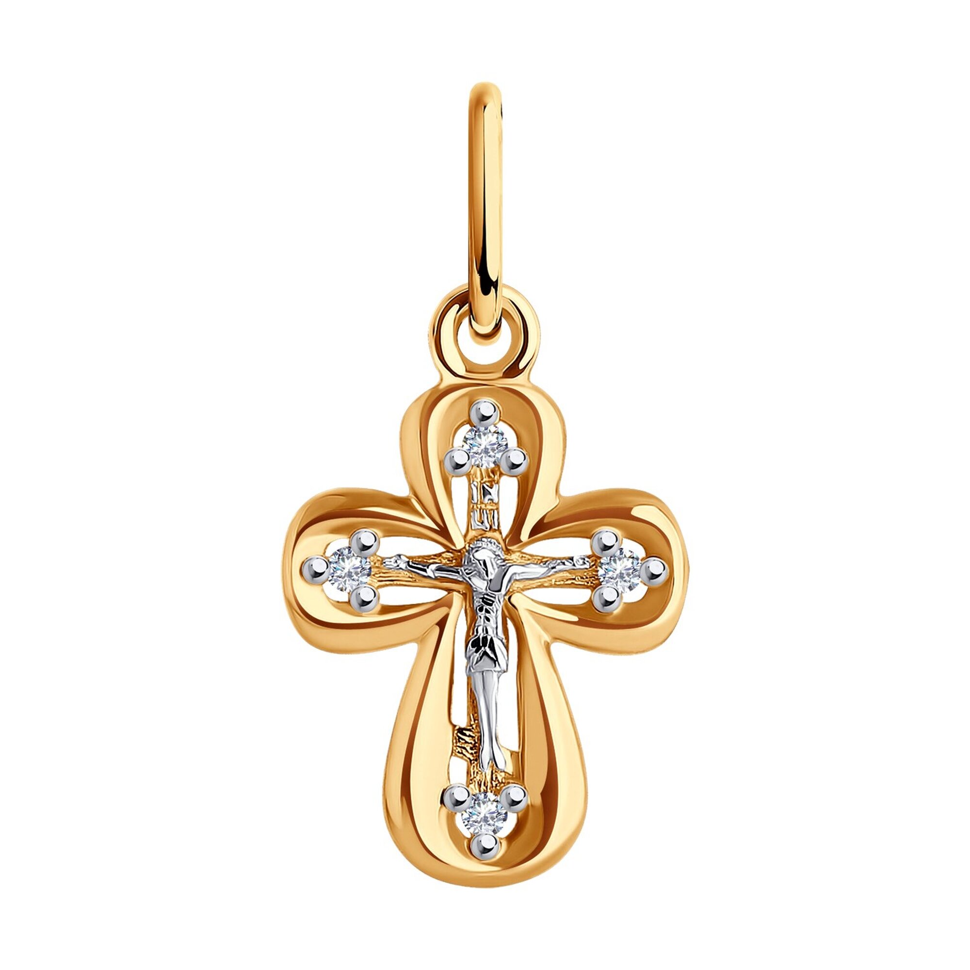 Крестик, красное золото, 585 проба, фианит