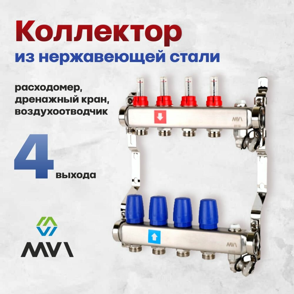 Коллектор в сборе из нержавеющей стали 1' х4 с расходомерами, дренажным краном и воздухоотводчиком MVI MS.707.06, для водоснабжения, 1шт/уп
