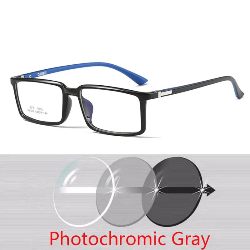 Очки TR90 квадратные, фотохромные серые, близорукость -75, blue frame gray
