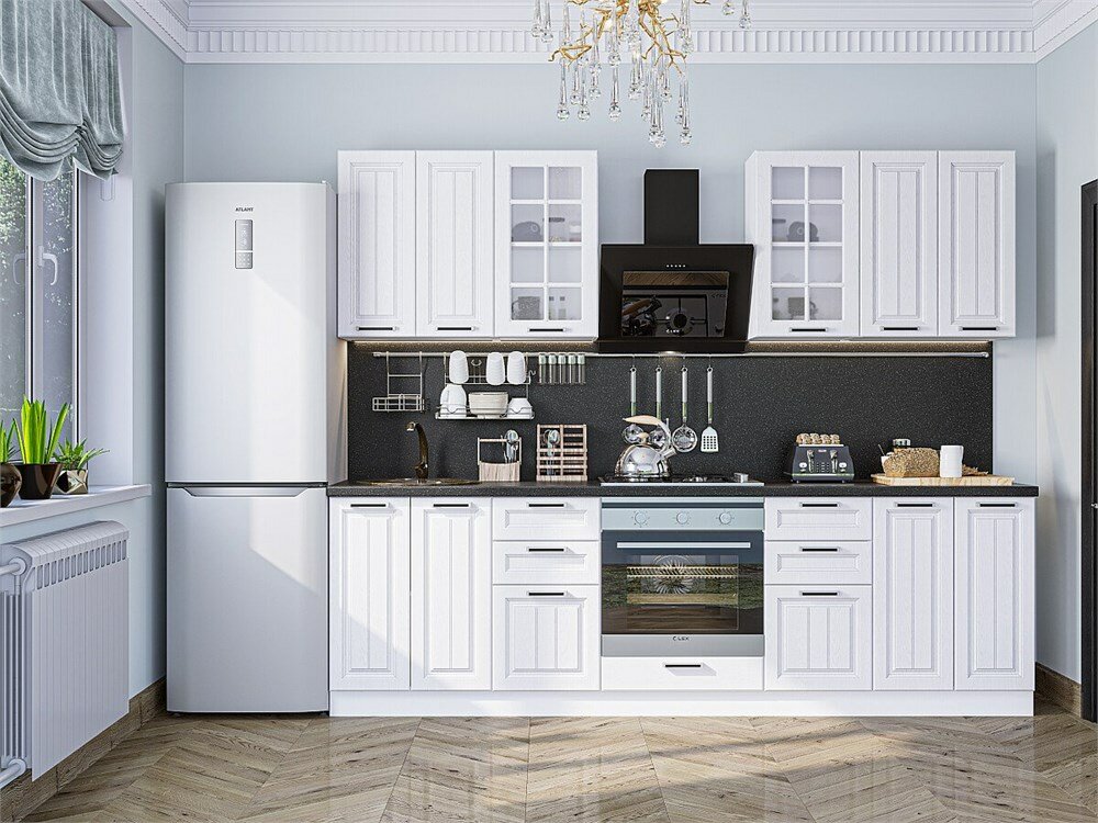 VVT Кухонный гарнитур модульный Прага-01, каркас ЛДСП Белый, фасад МДФ/Стекло Белое дерево, 2140*2600*600