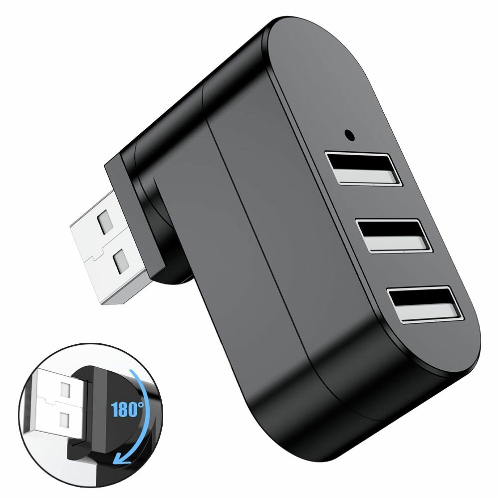 Вращающийся USB-концентратор USB 2.0 на 3 порта HUB разветвитель черный
