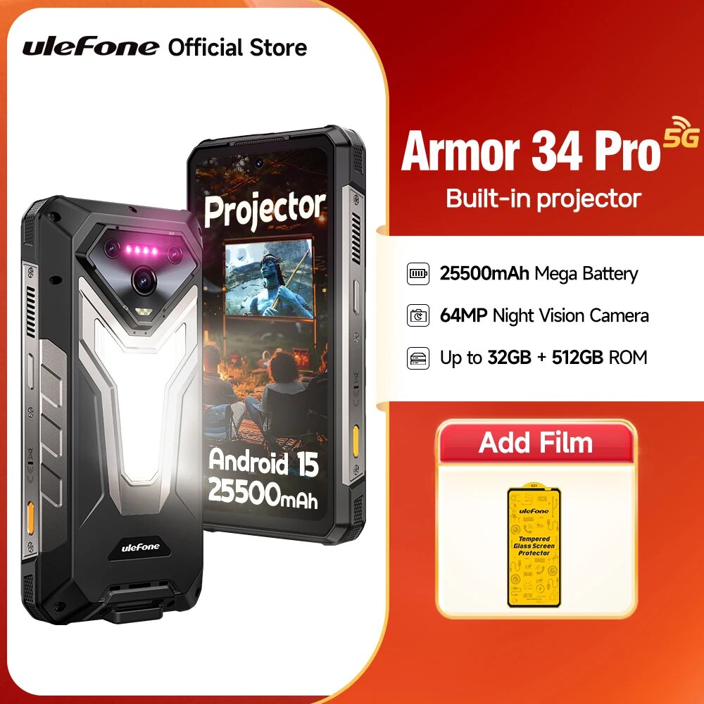 Ulefone Armor 34 Pro 5G, 25500mAh, 512GB, Проектор, Add Film