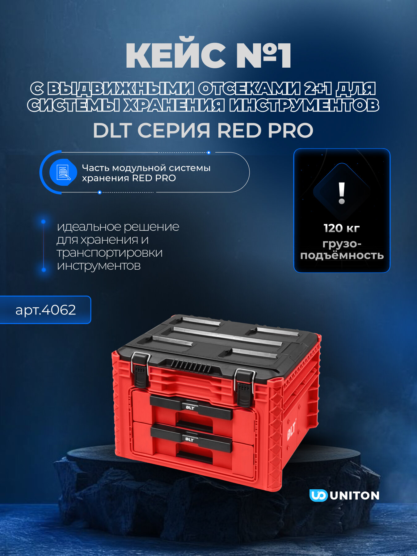 Кейс №1 с выдвижными отсеками 2+1 для системы хранения инструментов DLT серия RED PRO, арт.4062