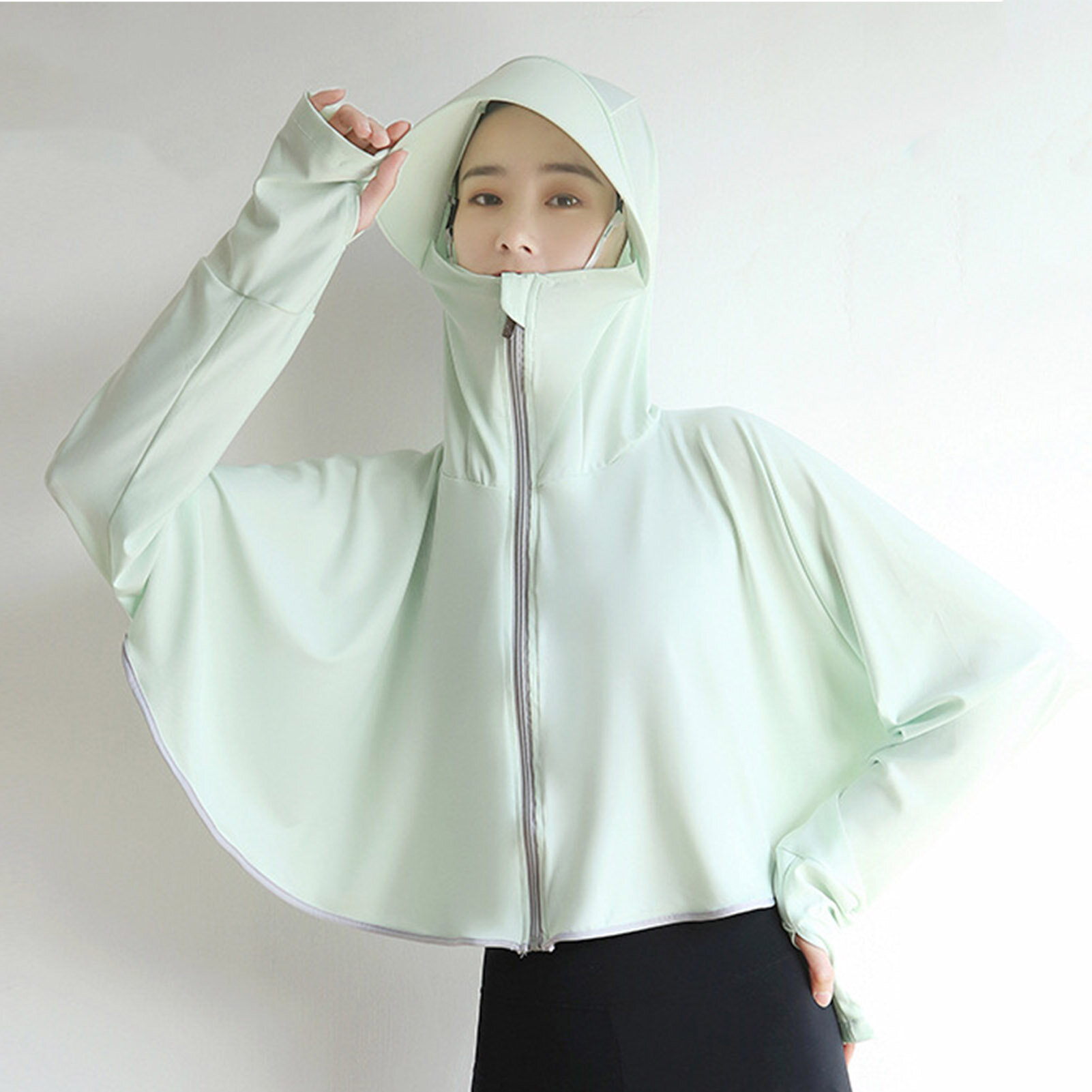 Куртка с капюшоном Ice Silk Sun Protection, рубашка с длинными рукавами и маской, отверстие для большого пальца, женская короткая охлаждающая рубашка с капюшоном и длинными полями, цвет фруктово-зеленый