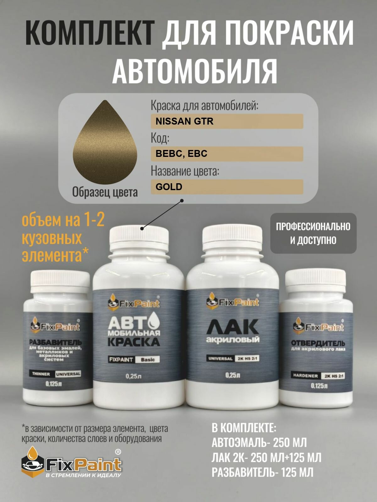 Комплект для покраски NISSAN GTR, код BEBC, EBC, GOLD, базовая автомобильная краска 250 мл, лак 2K 250 мл с отвердителем, разбавитель 125 мл, FixPaint Pro