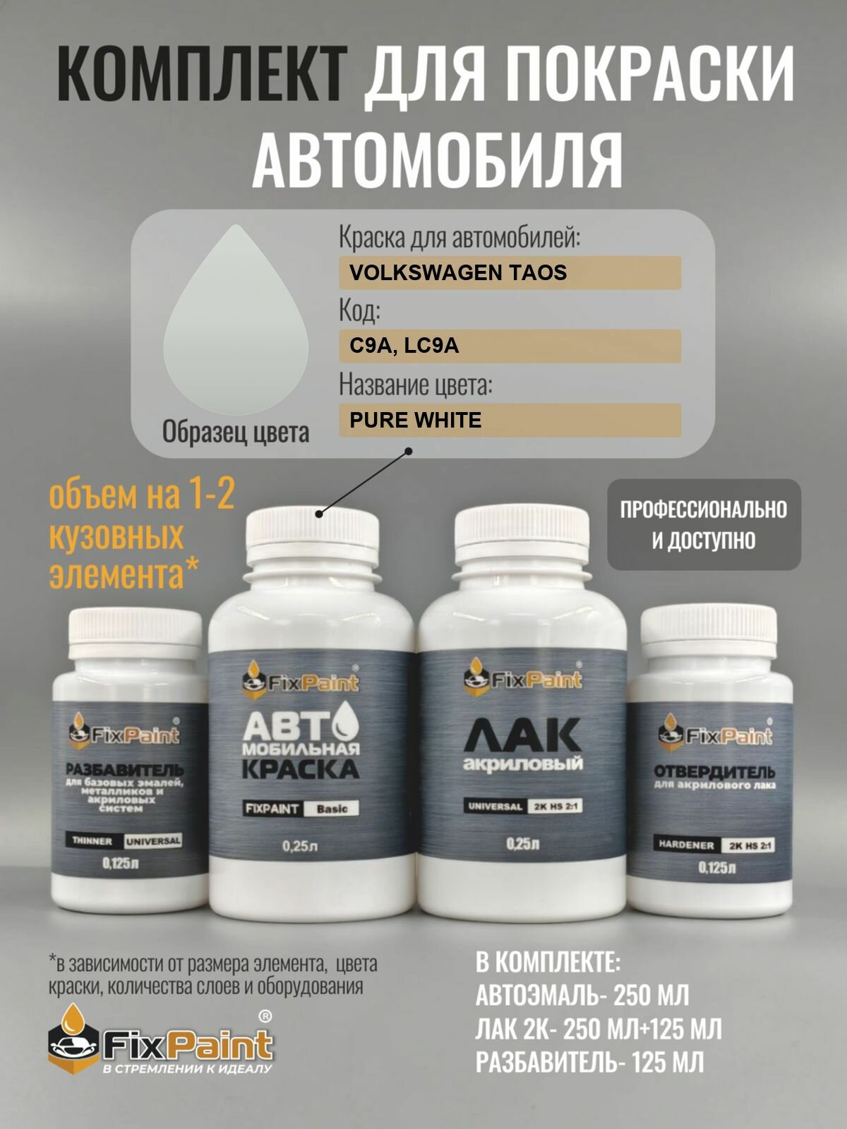 Комплект для покраски VOLKSWAGEN TAOS, код C9A, LC9A, PURE WHITE, базовая автомобильная эмаль 250 мл, лак 2K 250 мл с отвердителем, разбавитель 125 мл, FixPaint Pro