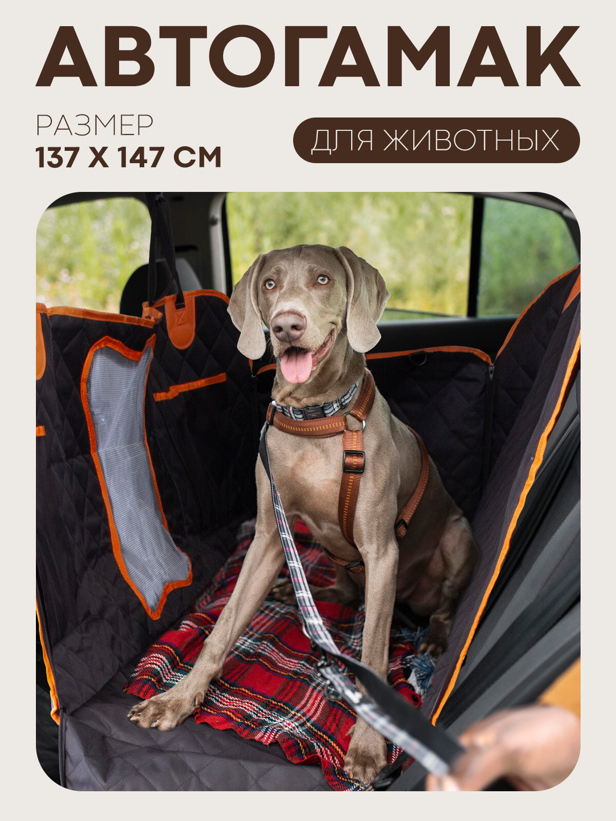 Автокресло для транспортировки собак и кошек, бренд Картофан, черный с оранжевым автогамак 137х147