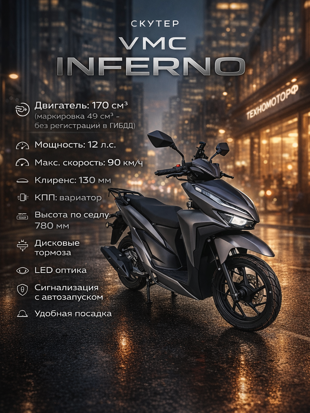 Скутер VMC INFERNO 170cc (49 см3) (matt grey) скутер для взрослых бензиновый