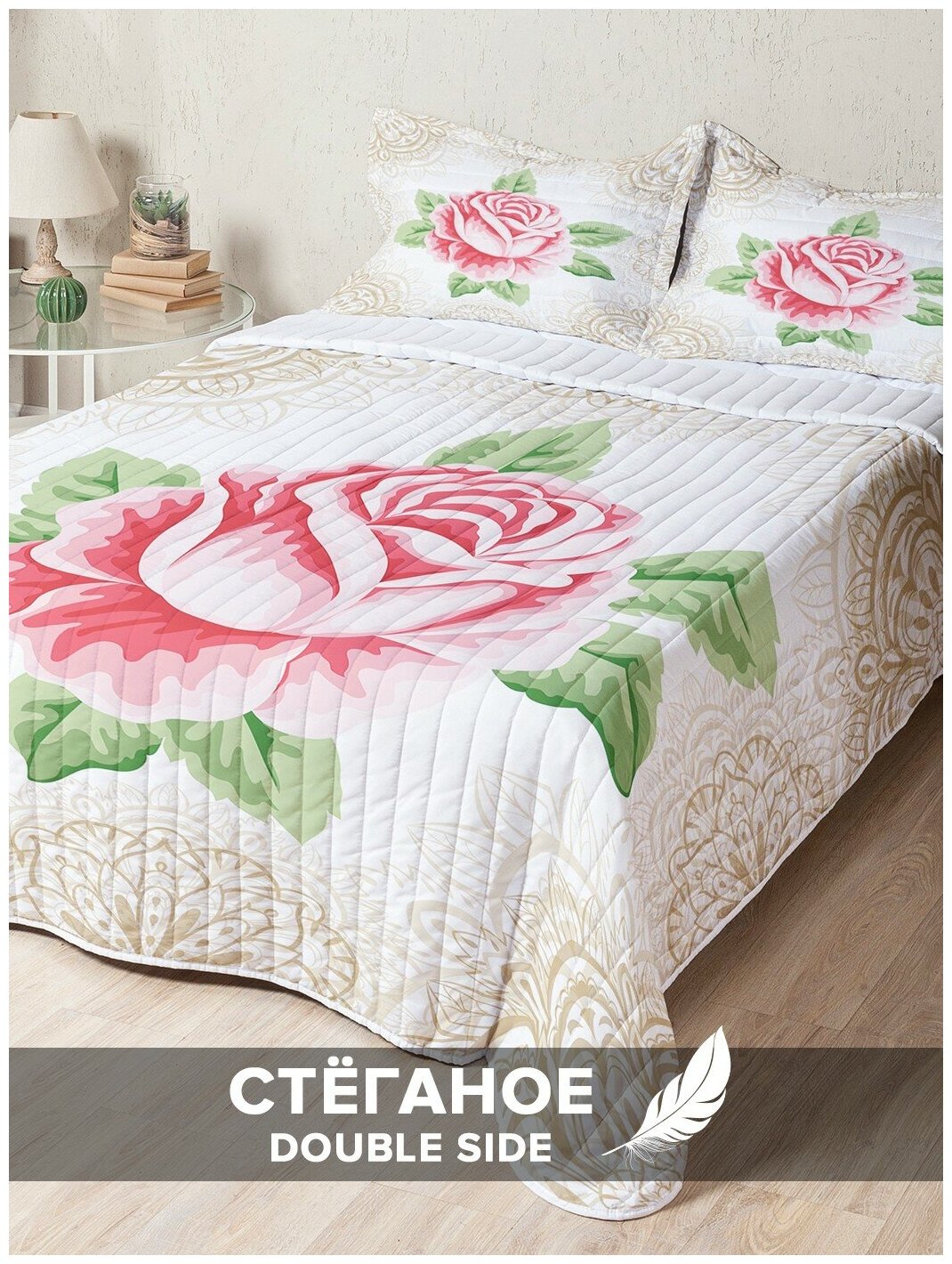 Покрывало стеганое двустороннее Ambesonne Евро 240x230 см, с двумя наволочками 50х70 см на кровать и диван Ambesonne "Роза в узорах"