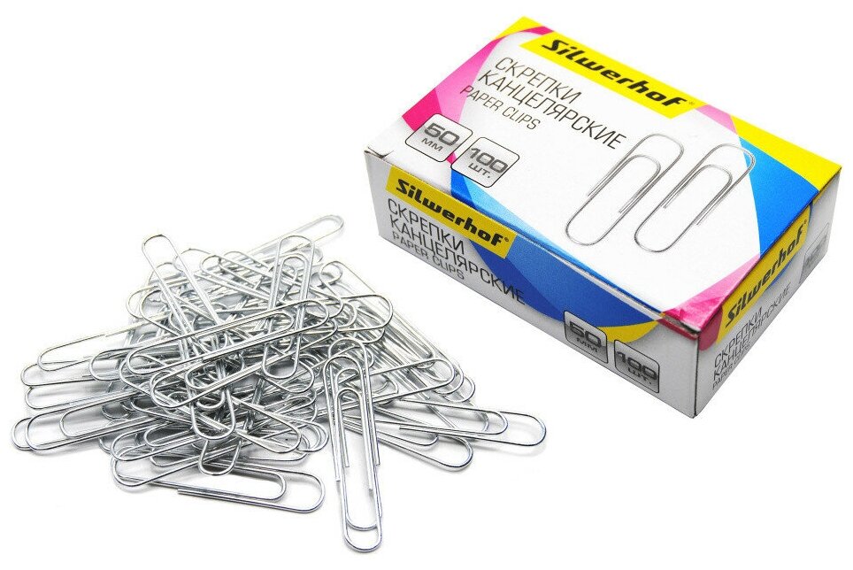 Скрепки Silwerhof 491037 металл оцинкованные 50мм (упаковка 100 шт) картонная коробка (1162645)