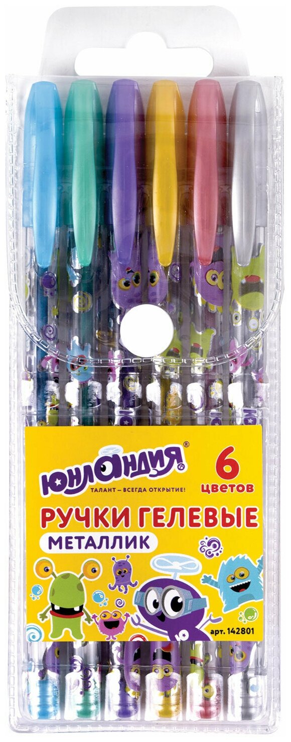 Ручки гелевые юнландия, набор 6 цветов, металлик, с печатью, узел 0,7 мм, линия письма 0,5 мм, 142801