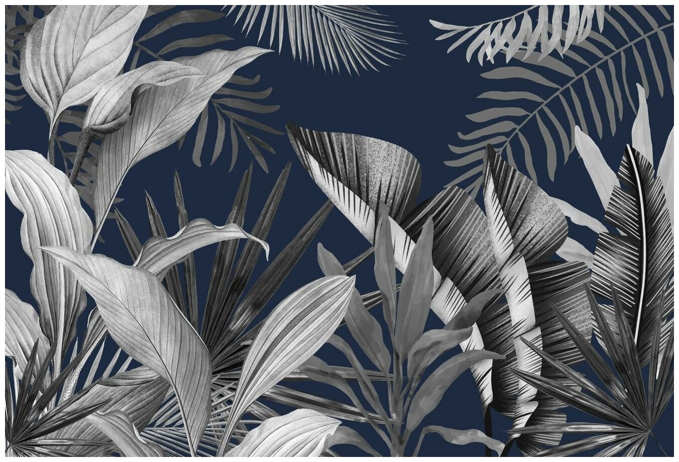 Фотообои Уютная стена "Графичные тропические листья на темном фоне" 400х270 см Виниловые Бесшовные (единым полотном)