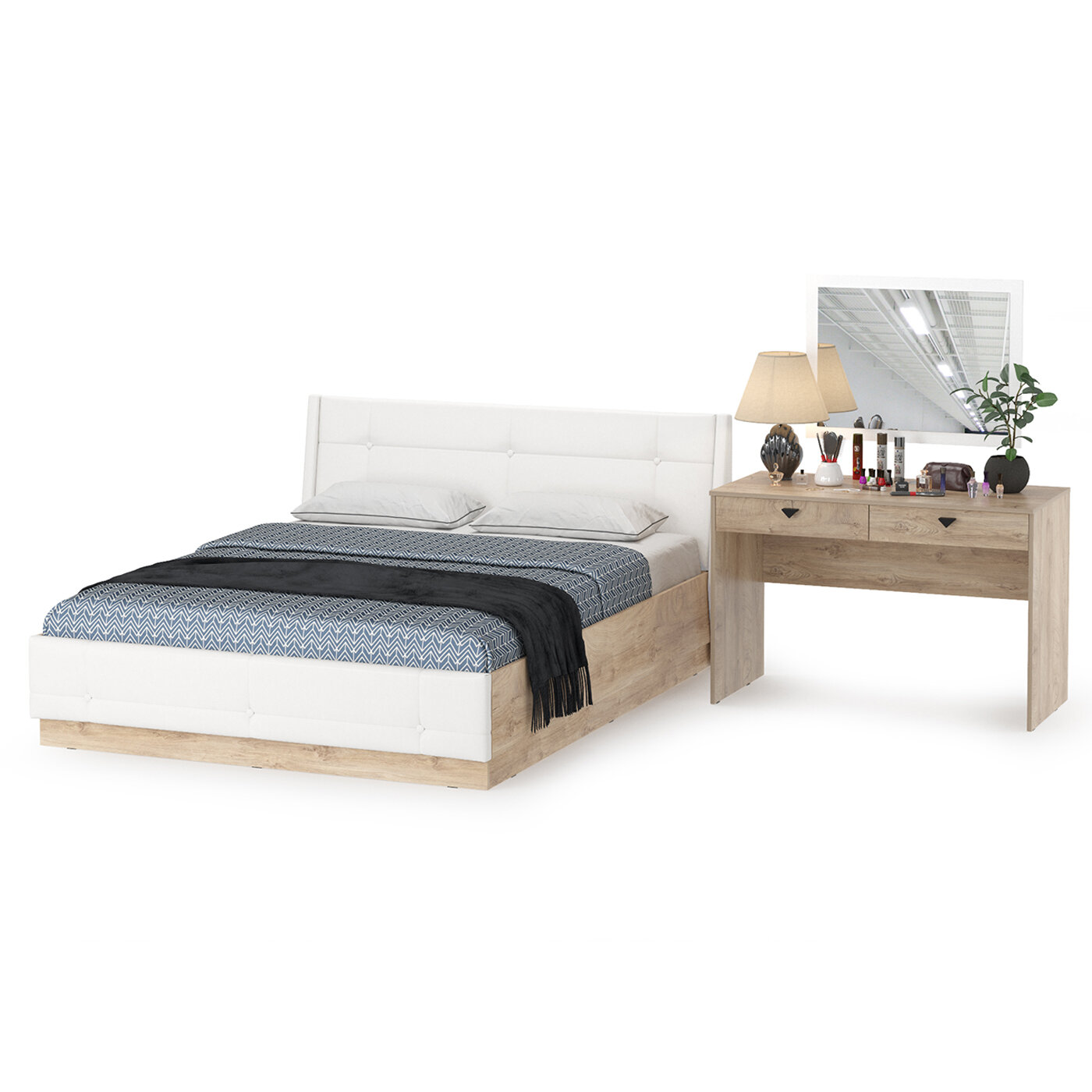 Кровать Муссон с подъёмным ортопедом 11600 и стол Бостон с зеркалом цвет белый/дуб эндгрейн элегантный/кожзам белый