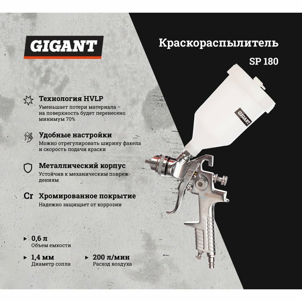 Краскораспылитель (сопло 1,4 мм; бачок 0,6 л, HVLP) Gigant SP 180 — фото 1