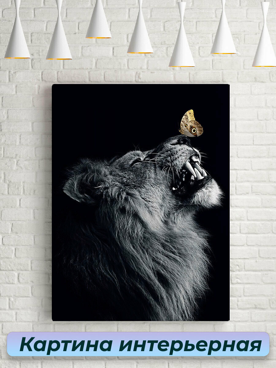 Картины для интерьера 20х30 Лев черно-белый бабочка на носу