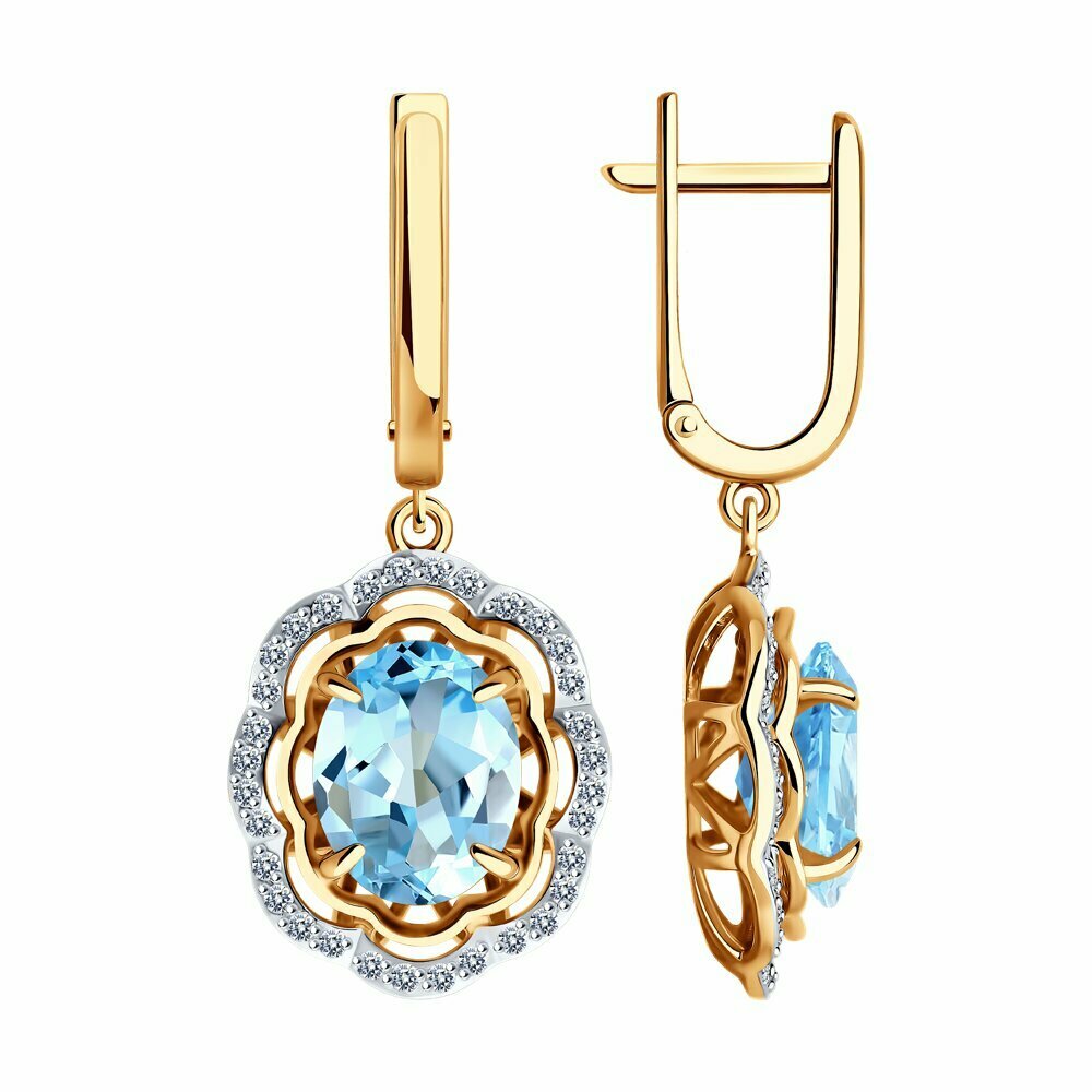 Серьги с подвесками, красное золото, 585 проба, фианит, топаз