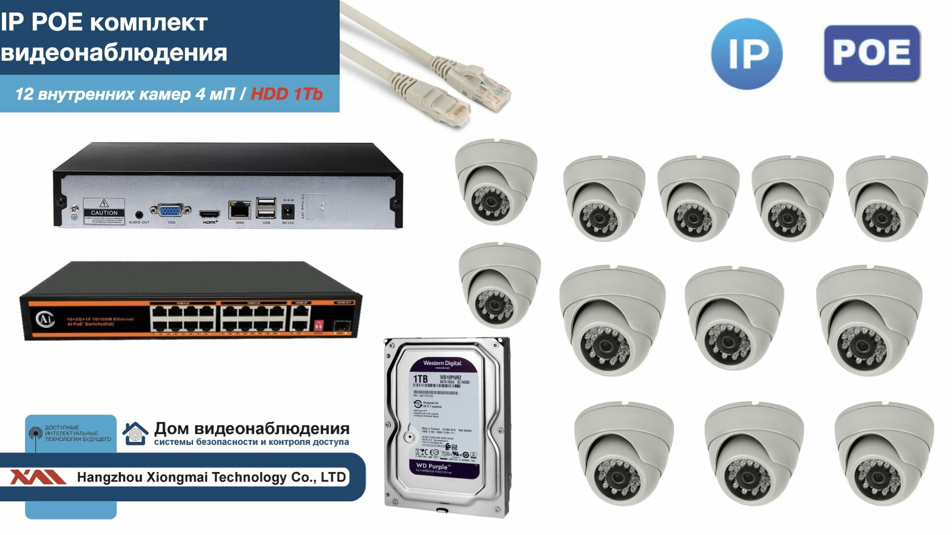 Полный IP POE комплект видеонаблюдения на 12 камер (KIT12IPPOE300W4MP-HDD1Tb)