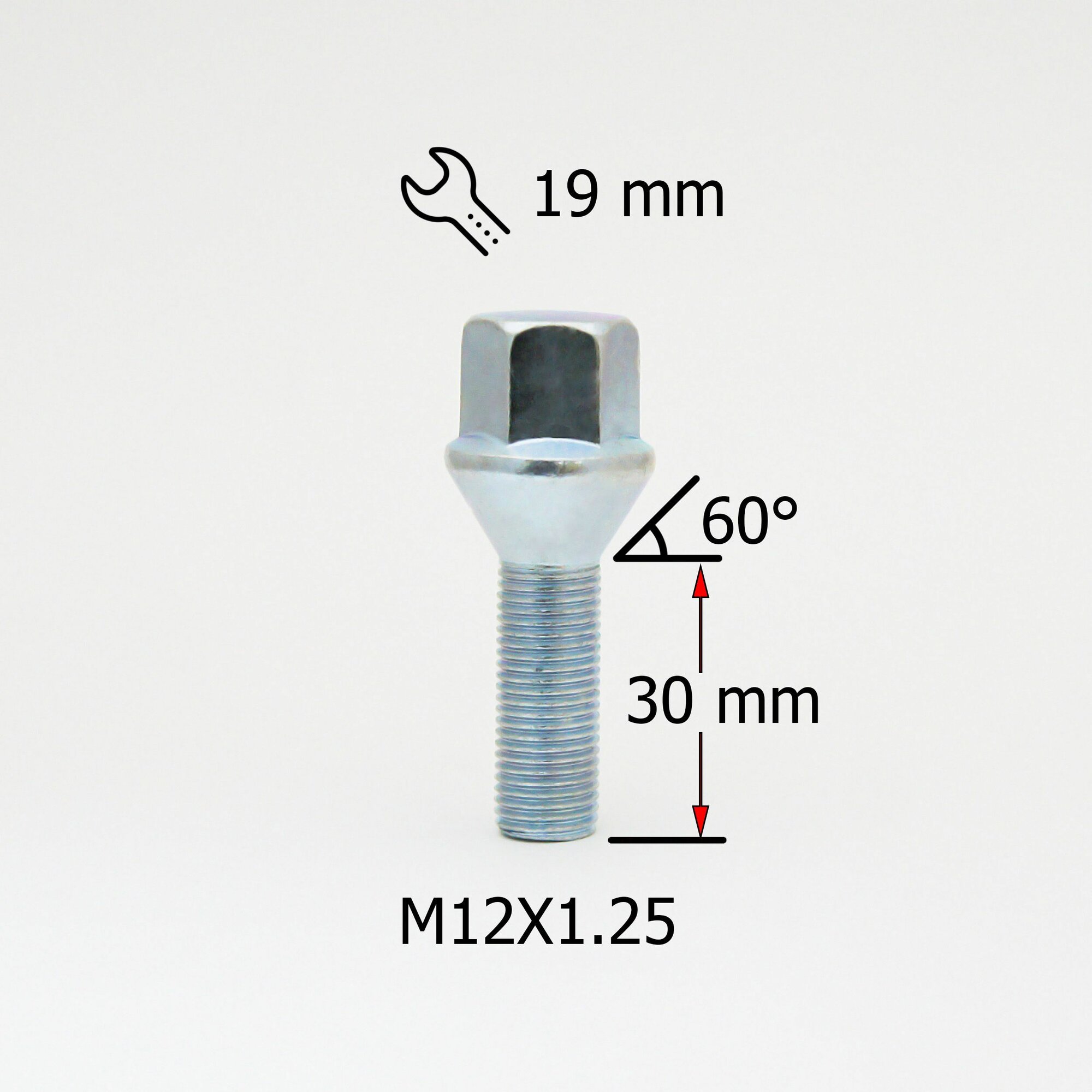 Болт колесный M12х1,25 длина резьбовой части 30мм, конус, ключ 17мм, цинк