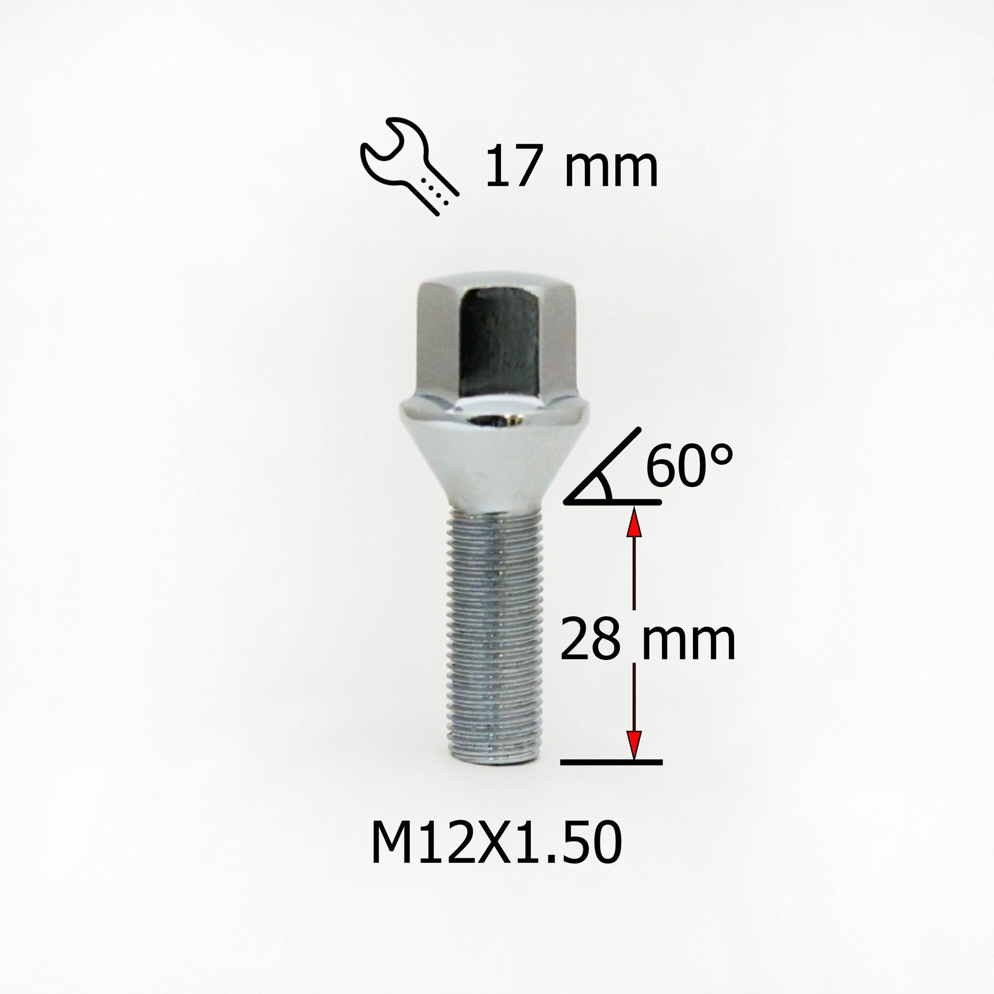 Болт колесный M12x1,5 длина резьбовой части 28мм, конус, ключ 17мм, хром