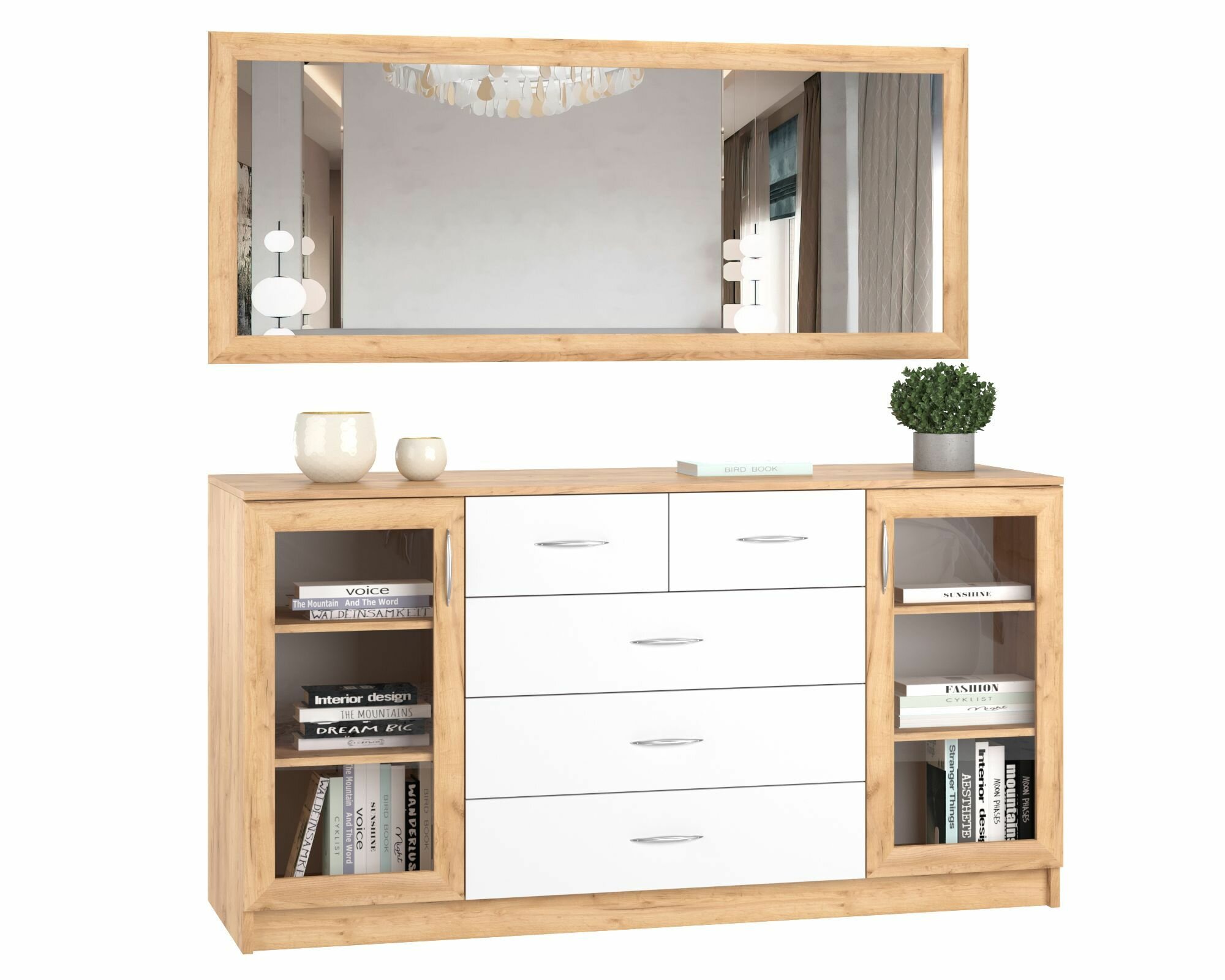 Комод "Фобос с зеркалом 5" 156х90х50, Дуб крафт золотой/Белый