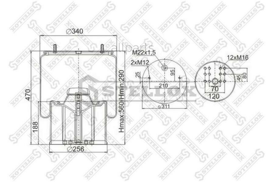 STELLOX 9008814SX пневмопод. со стак! BPW36. 2шп. M12смещ.25. 1отв. штуц. M22. Поршень пластик,12 отв. М16\BPW