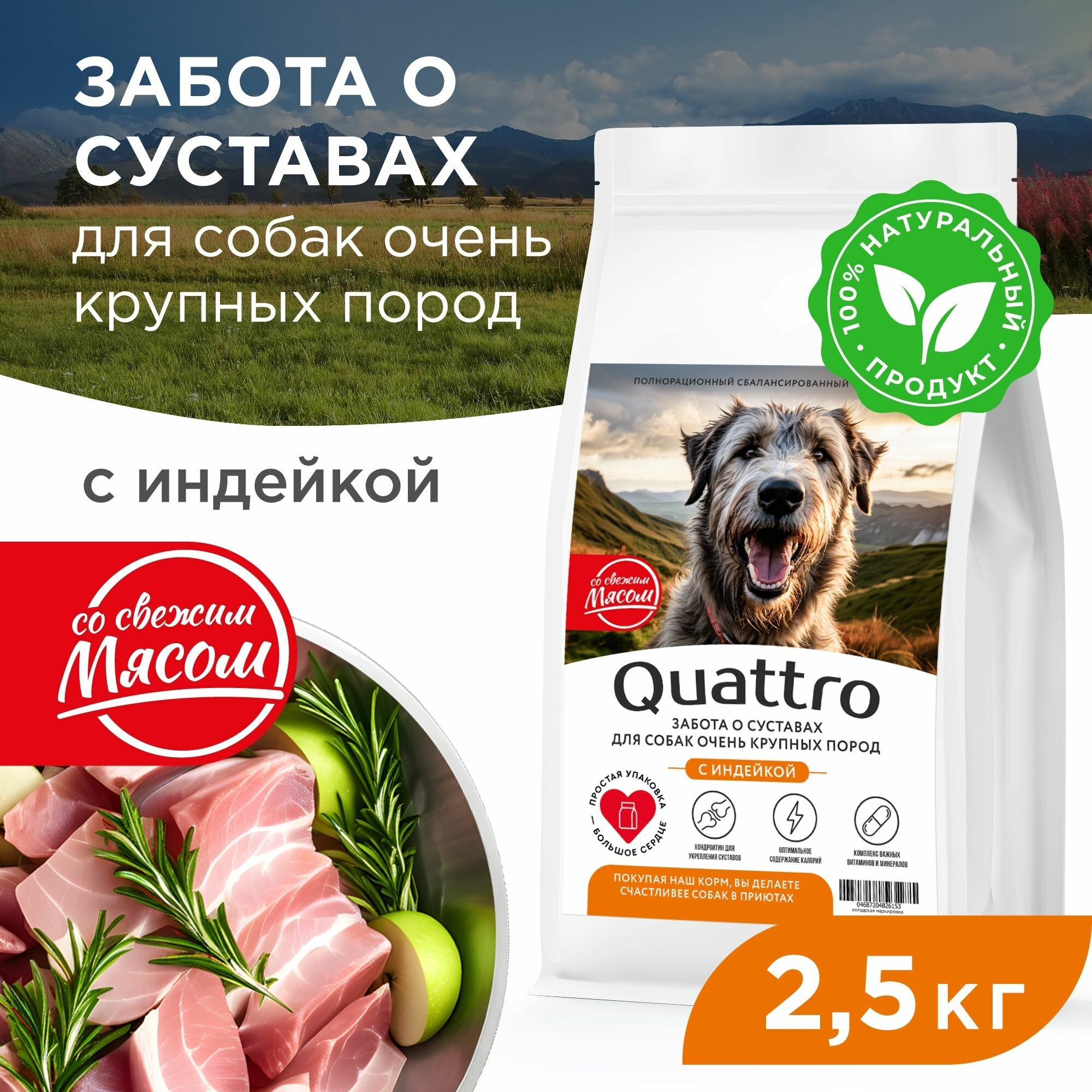 Корм сухой для взрослых собак очень крупных пород, премиум полнорационный комплекс, забота о суставах, с индейкой, 2,5 кг, QUATTRO