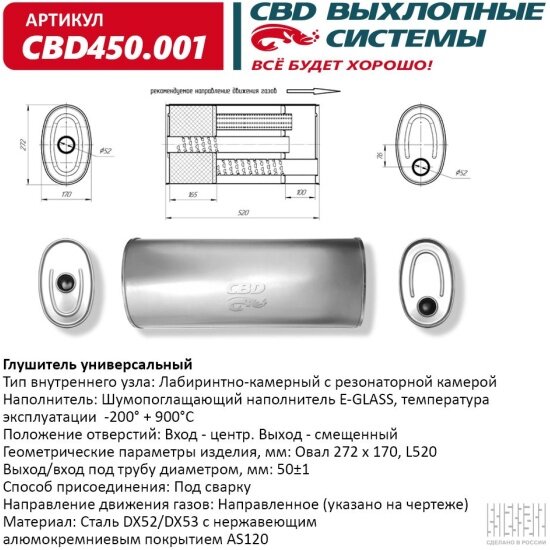 Глушитель Cbd нержавеющий, овал D272x170, L520, отверстия с разных сторон по центру/смещенное (1:1) под, 450.001