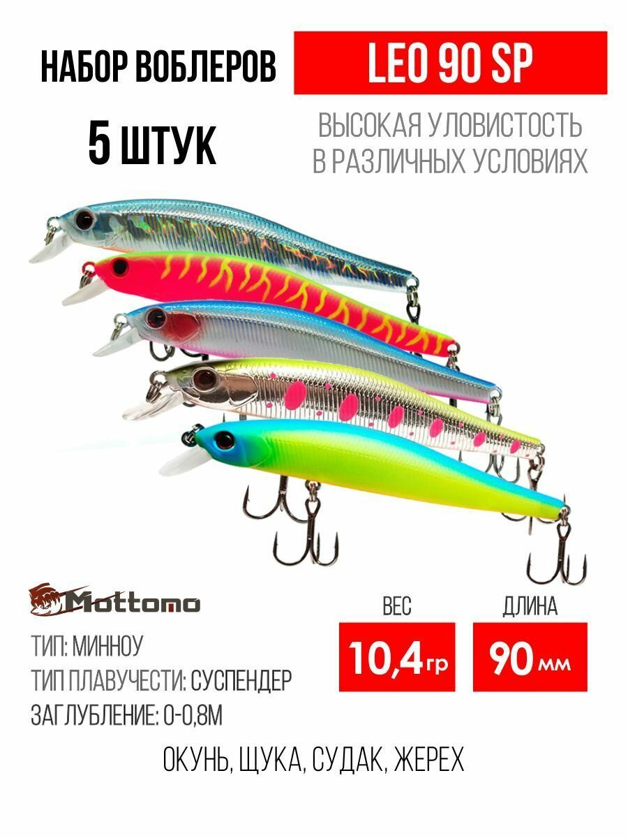 Набор воблеров для рыбалки Mottomo Leo 90SP "5 в1" минноу нейтральный для спиннинга. Приманка на щуку, судака, сома.