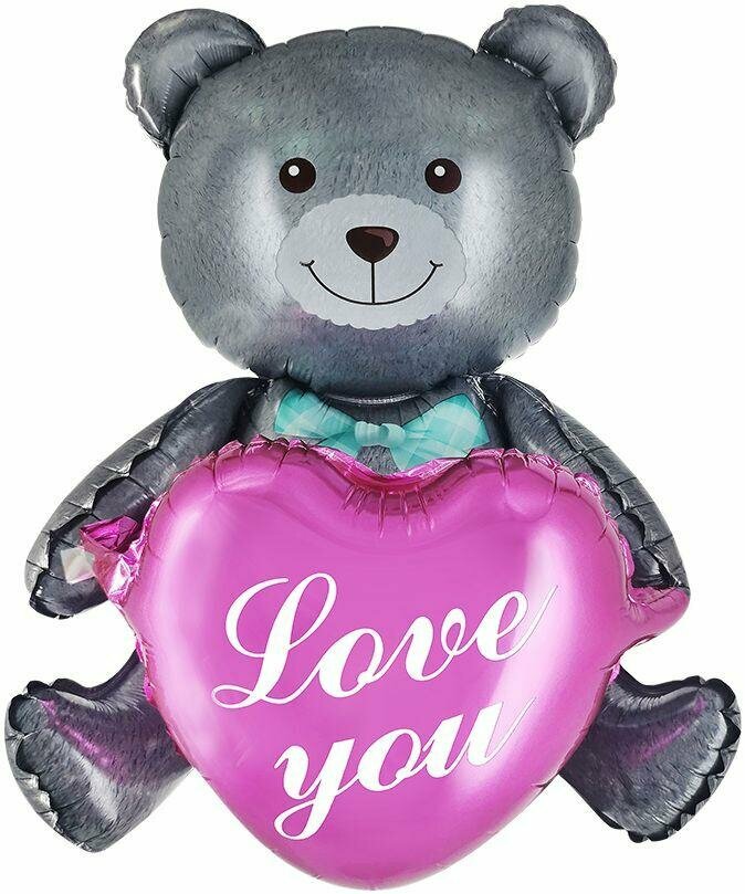 Шар 3D (30'/76 см) Фигура, Сидячий мишка с сердцем, Серый, 1 шт. в упак.