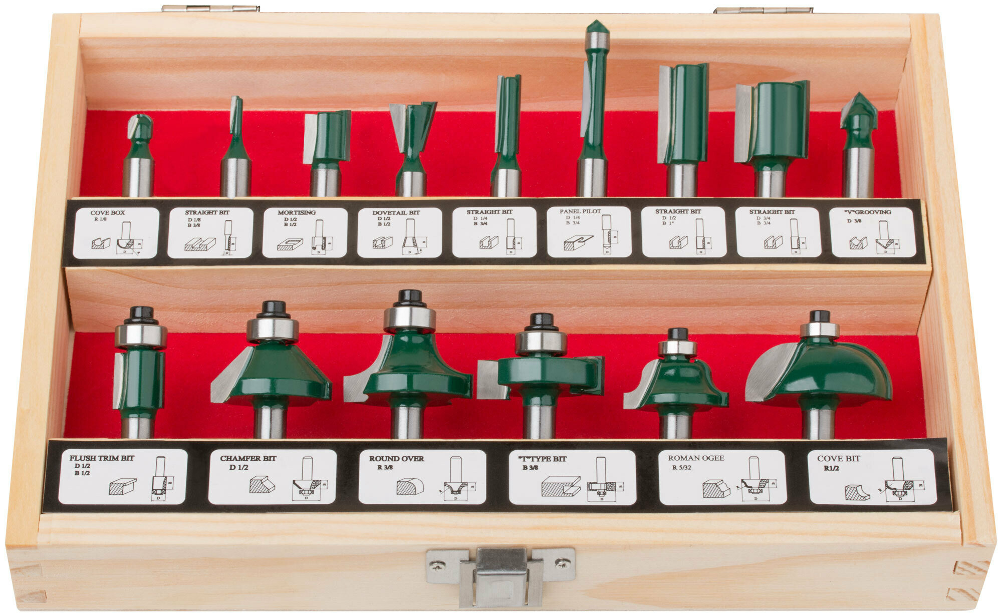 Фрезы по дереву для фрезера кромочные FIT, набор 15 шт, деревянный бокс, хвостовик 8 мм