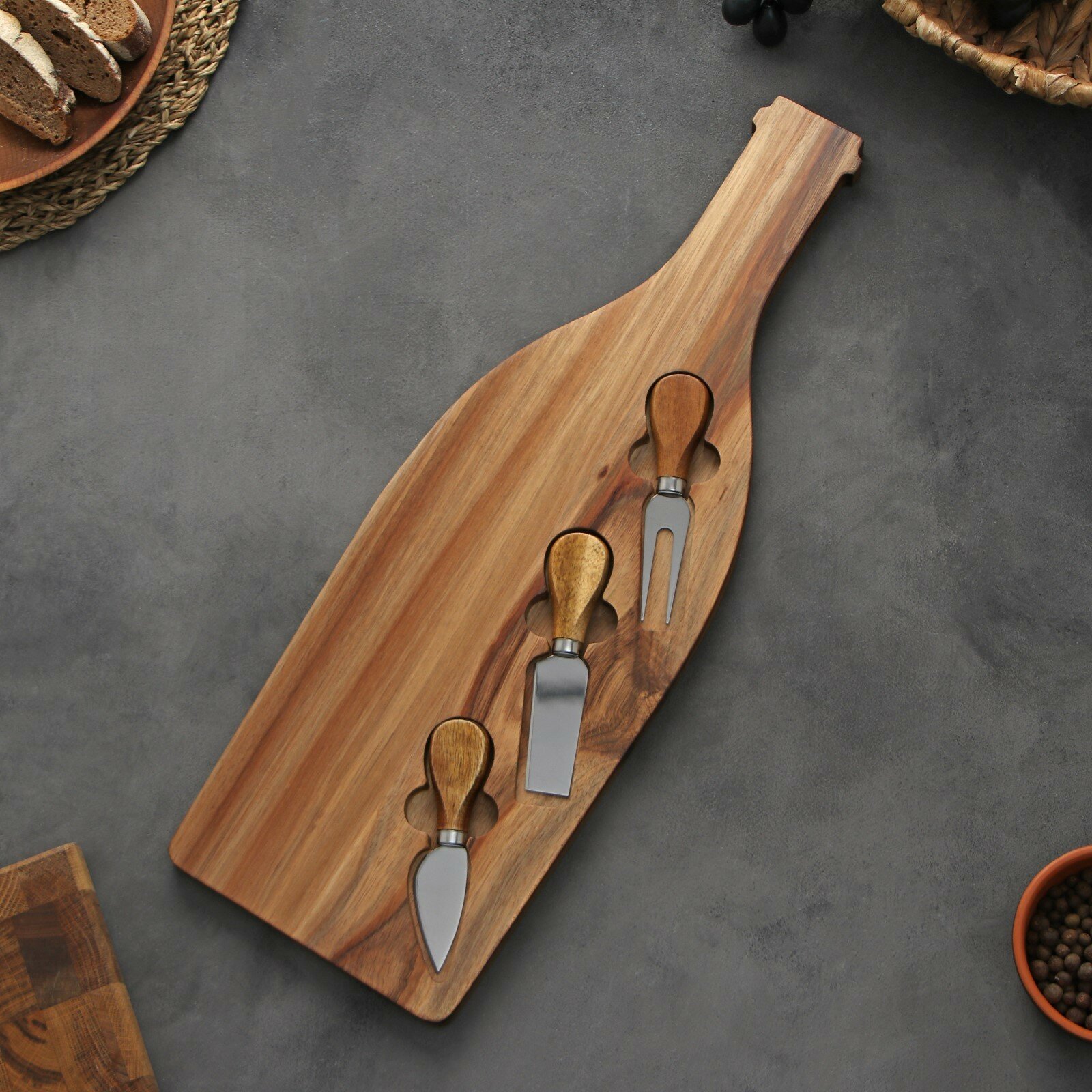 Набор для подачи сыра, 4 ножа, доска, 19,5×19,5×3,5см, дуб