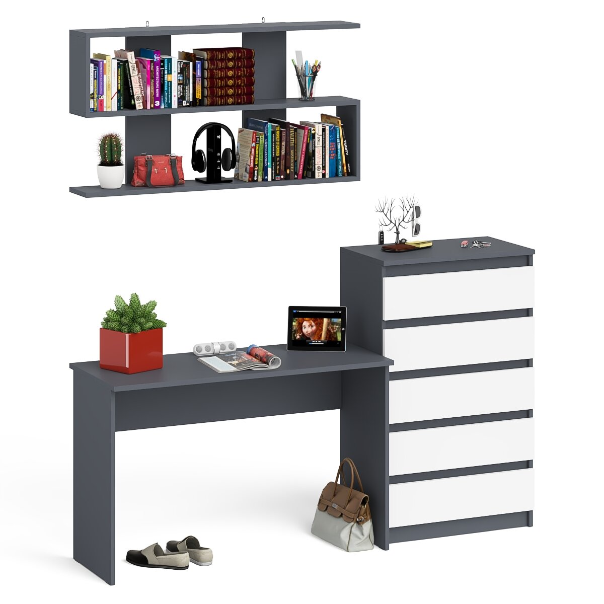 Комод высокий СВК Мори 700.5 пять выдвижных ящиков со столом для работы и полкой графит/белый