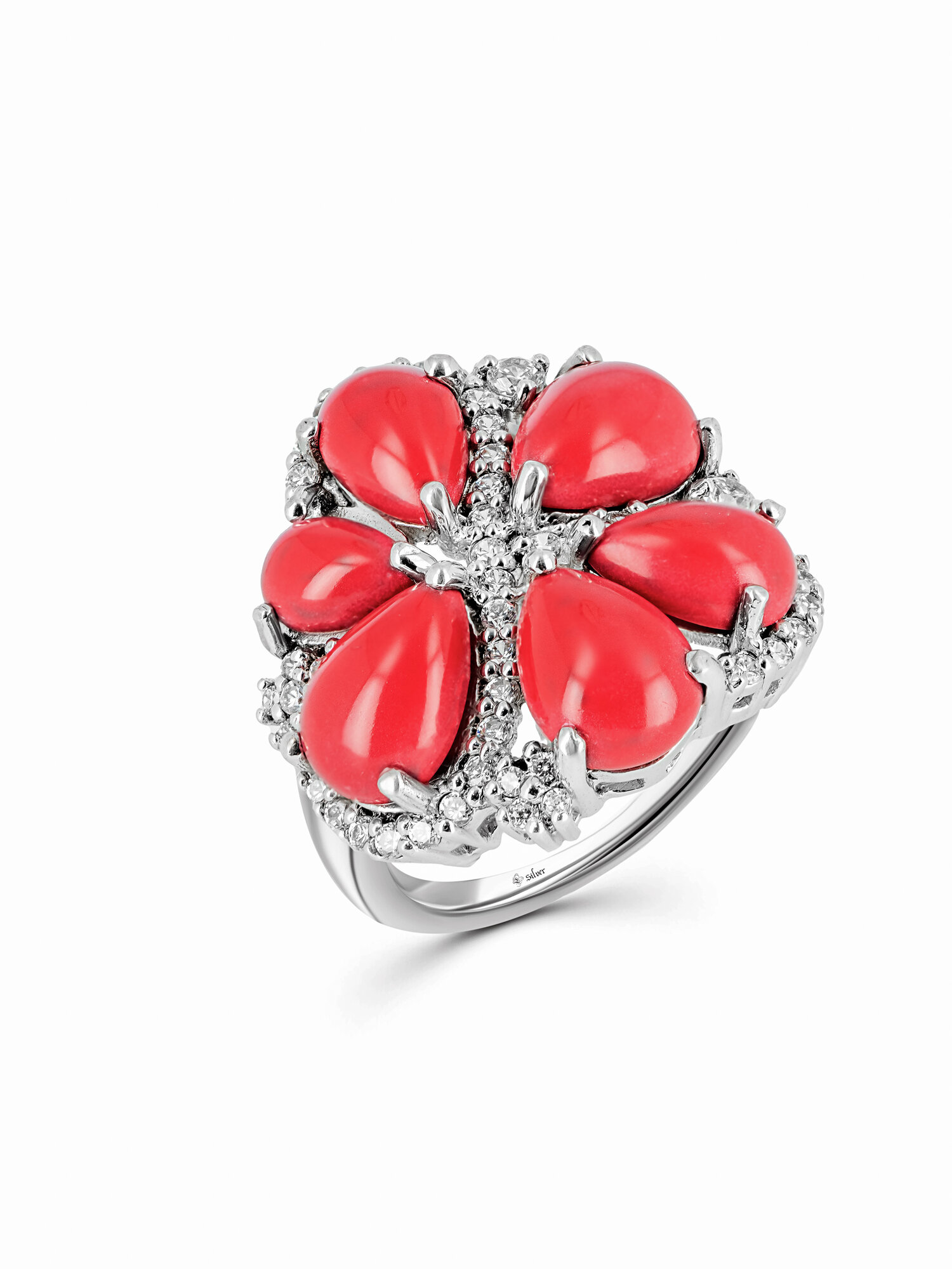 Кольцо на фалангу, серебро, 925 проба, родирование, коралл прессованный, фианит