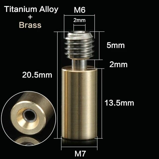 Термобарьер E3D V6 би-металл гладкий 20.5хM7хМ6 (5 мм + 2 мм + 13,5 мм) Титановый сплав + Латунь, для 3D принтера